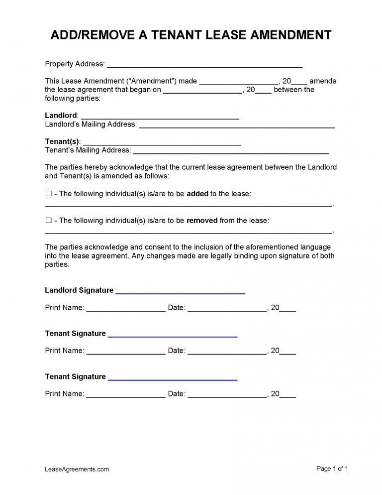Free Adding Removing A Tenant To A Lease Addendum Template PDF 
