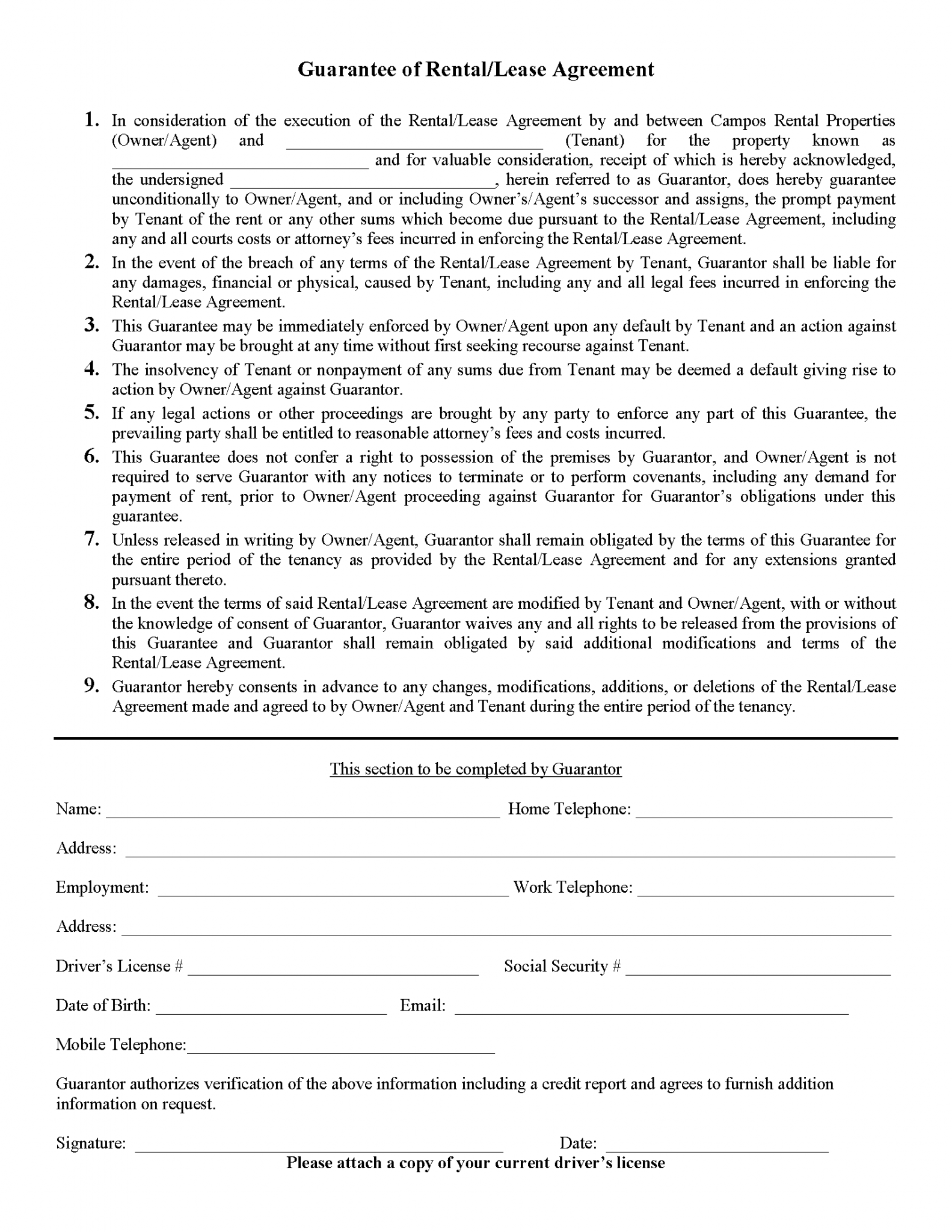 Free Personal Guarantee (Guaranty) for a Lease Agreement | PDF | WORD | RTF