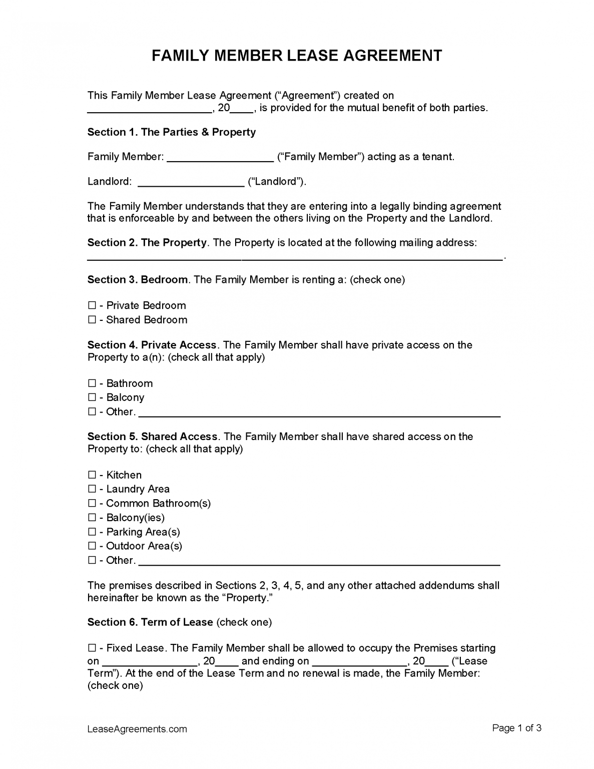 Family Member Lease Agreement Template