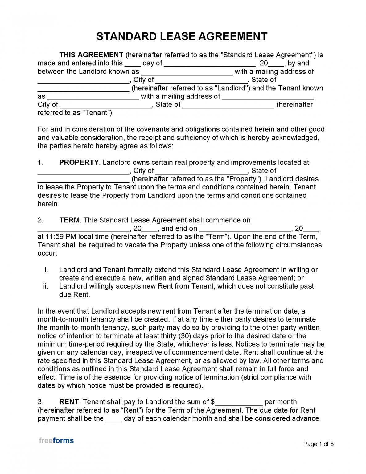 Free Standard Lease Agreement Template | 1-Year Term | PDF | WORD | RTF