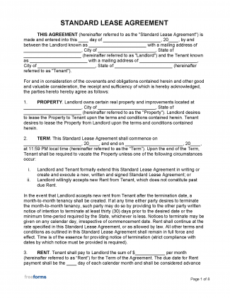 Free Standard Lease Agreement Template | 1-Year Term | PDF | WORD | RTF