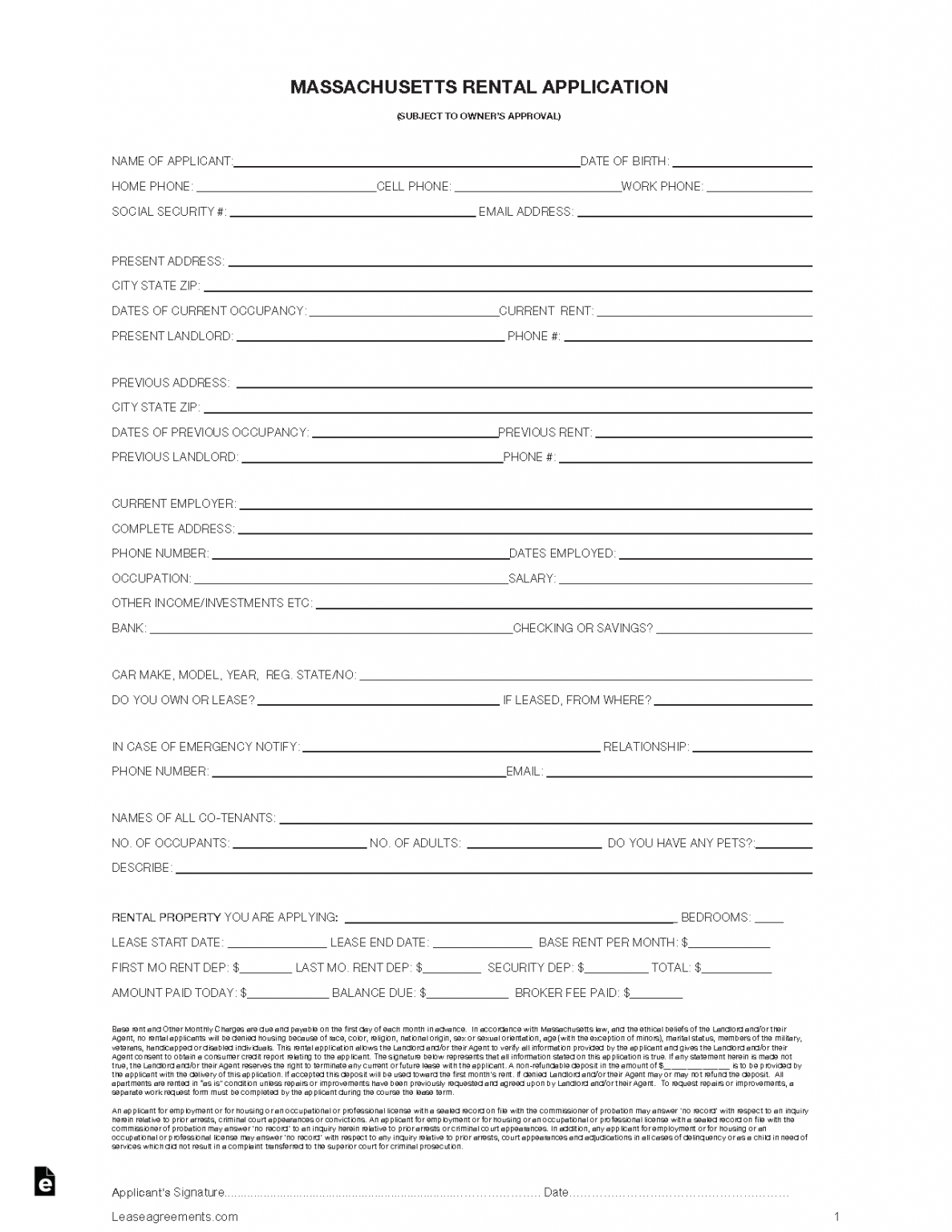 Free Massachusetts Rental Application Form | PDF