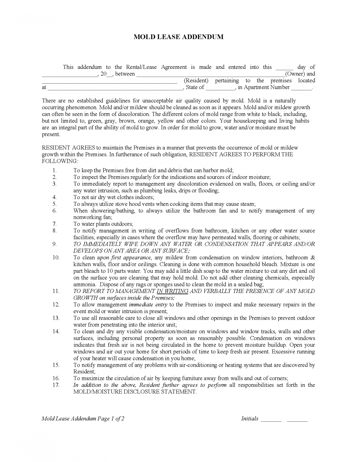 Free Mold Lease Addendum - Template | PDF