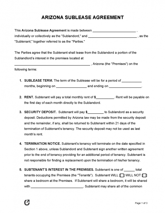 Free Arizona Sublease Agreement Template | PDF | WORD | RTF
