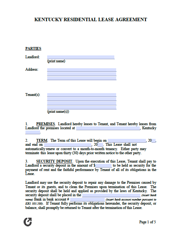 Free Kentucky Standard Residential Lease Agreement | PDF | WORD | RTF