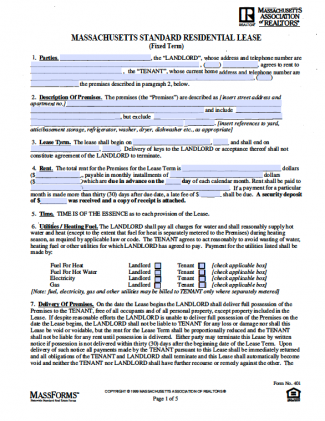 Free Massachusetts Standard Residential Lease Agreement | PDF | WORD | RTF