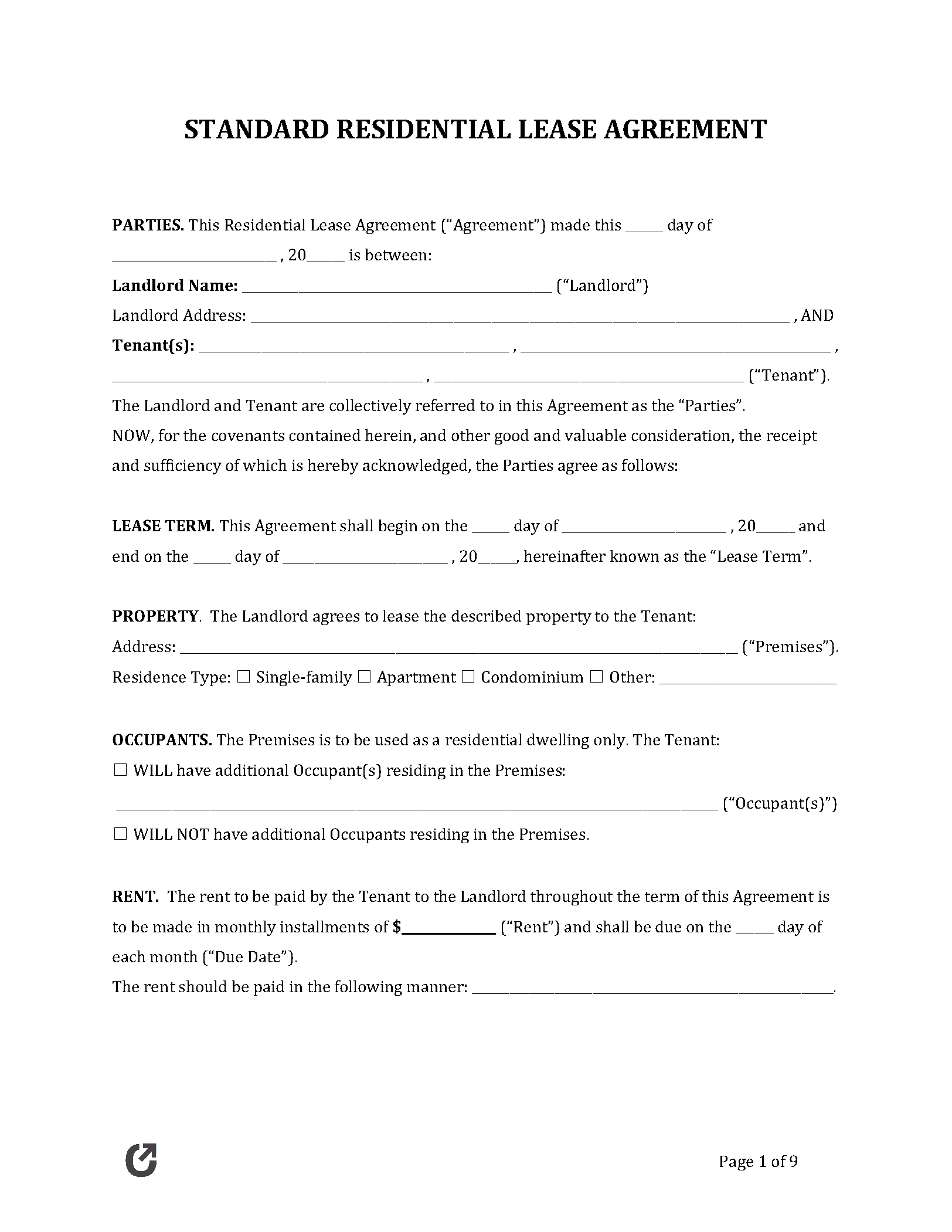 Free Standard Lease Agreement Template | 1-Year Term | PDF | WORD | RTF