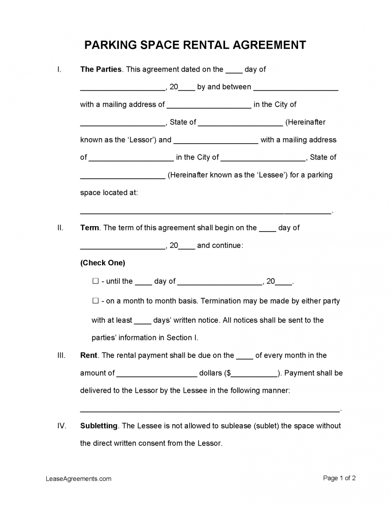 Free Parking Space Lease Agreement - Template | PDF | WORD | RTF
