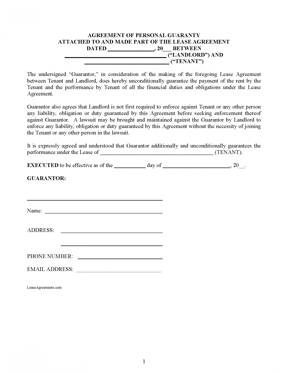 Free Personal Guarantee (Guaranty) for a Lease Agreement | PDF | WORD | RTF