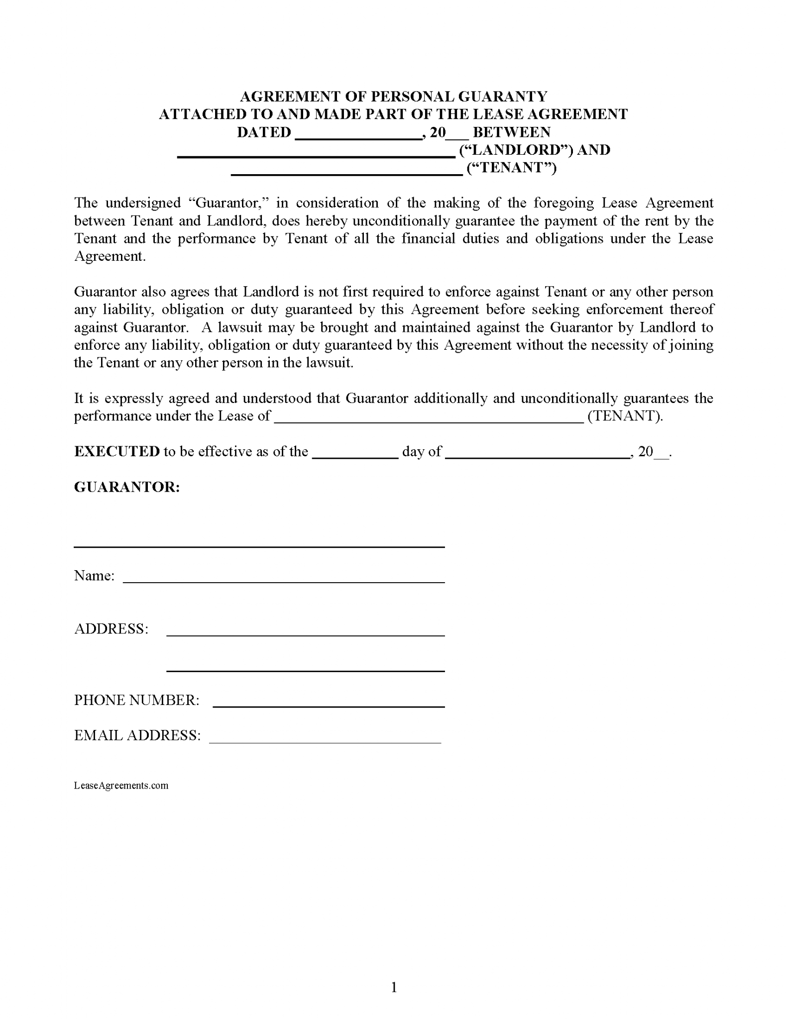 Free Personal Guarantee (Guaranty) for a Lease Agreement | PDF | WORD | RTF