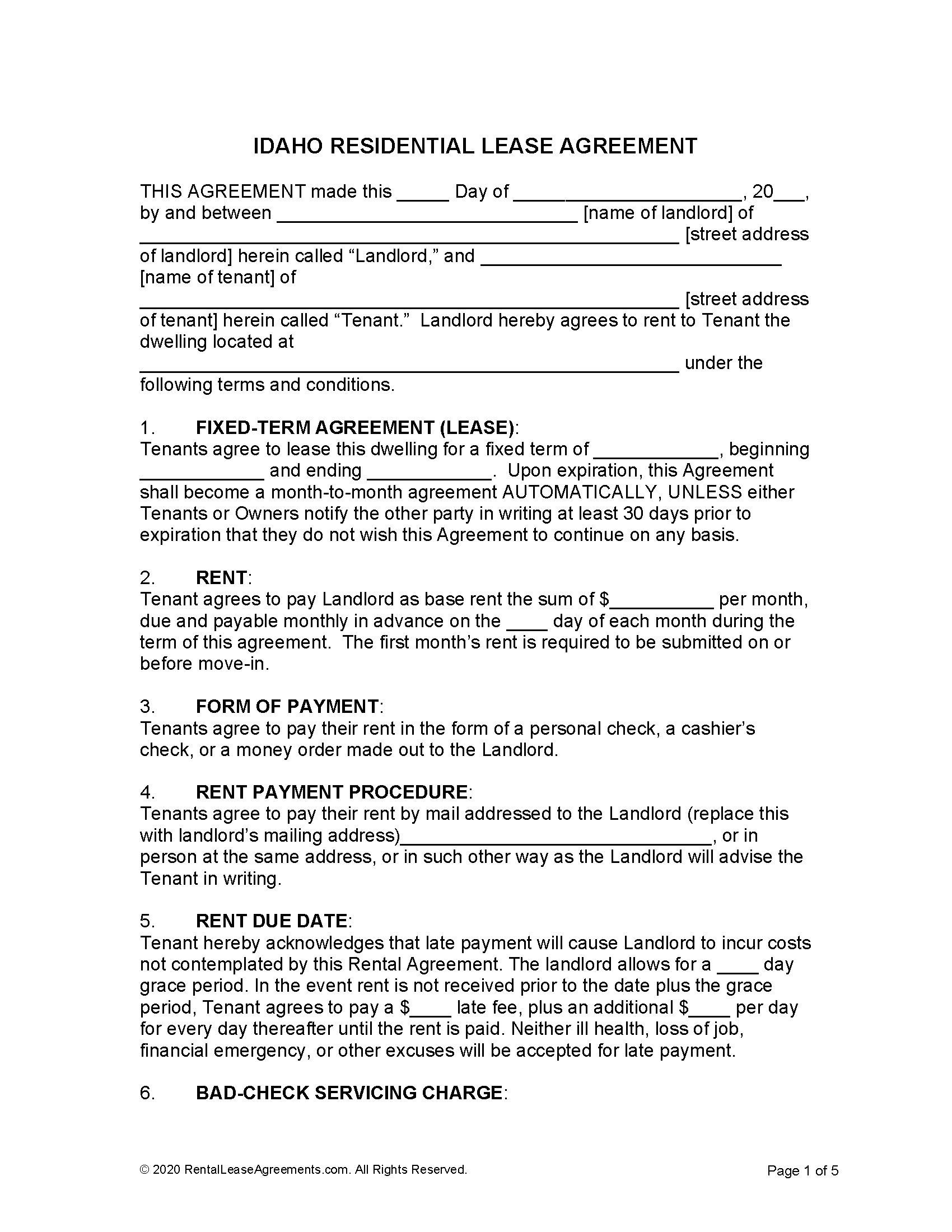 Free Idaho Standard Residential Lease Agreement | PDF | WORD | RTF