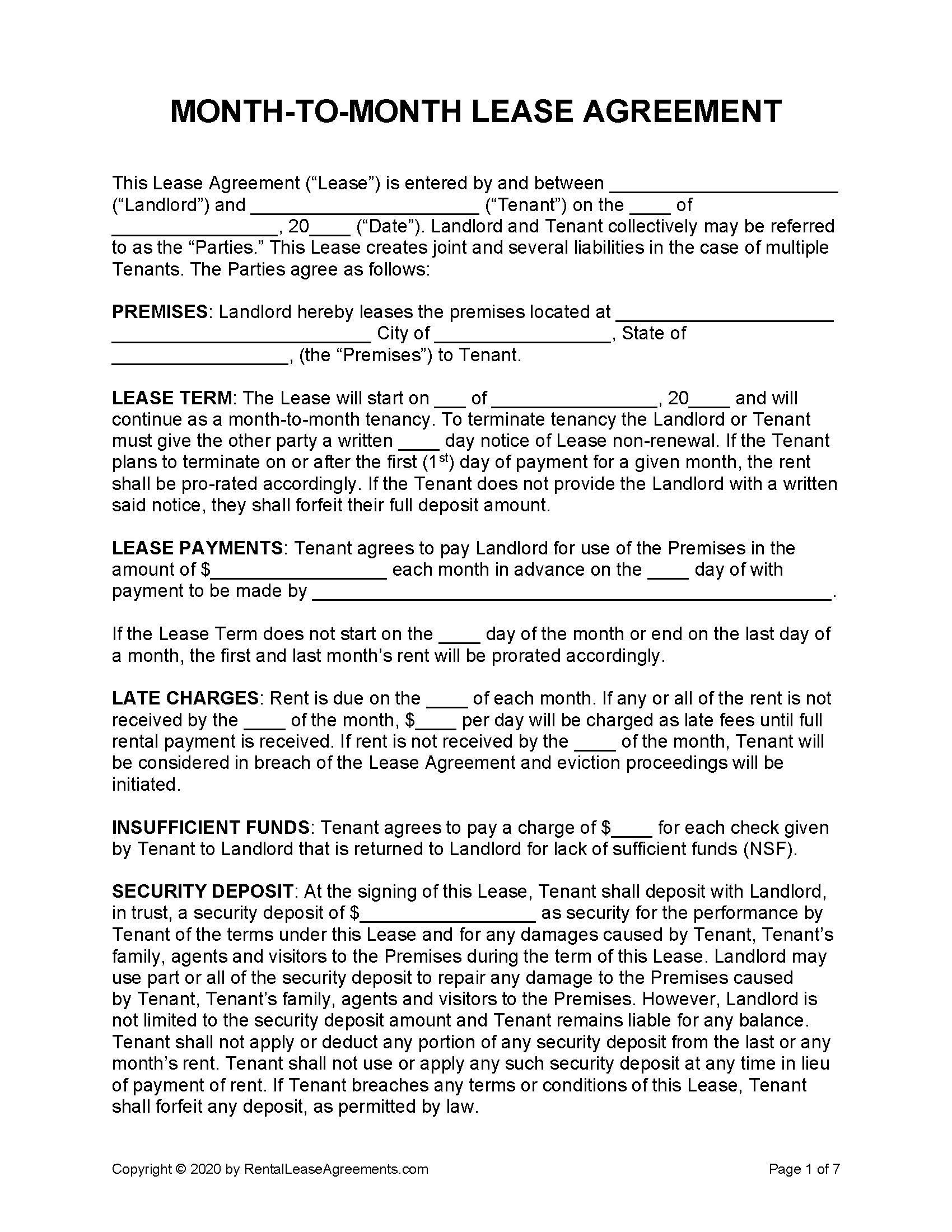 Month to Month Rental Agreement Template