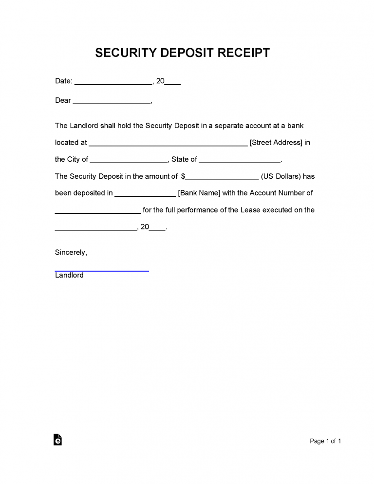 Free Security Deposit Receipt - Template | PDF | WORD | RTF