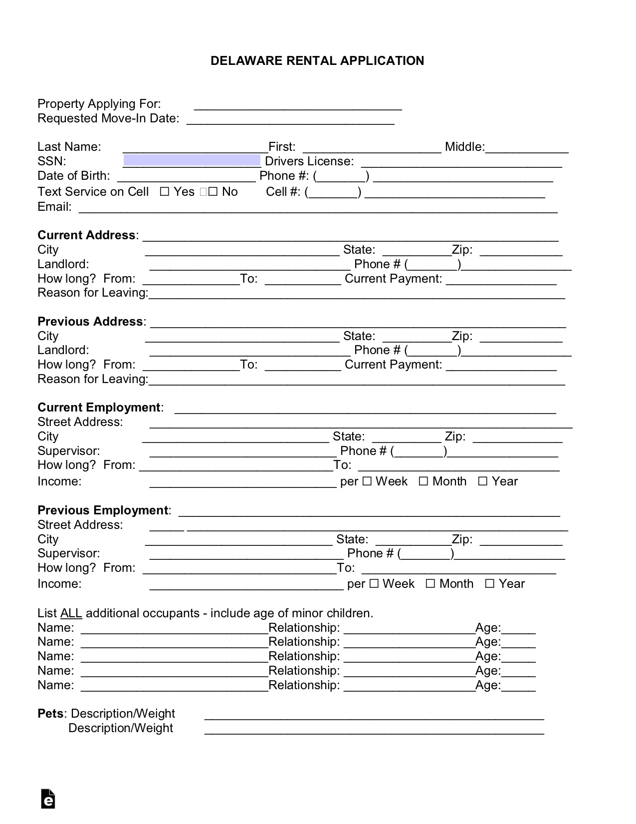 Free Delaware Rental Application Form | PDF