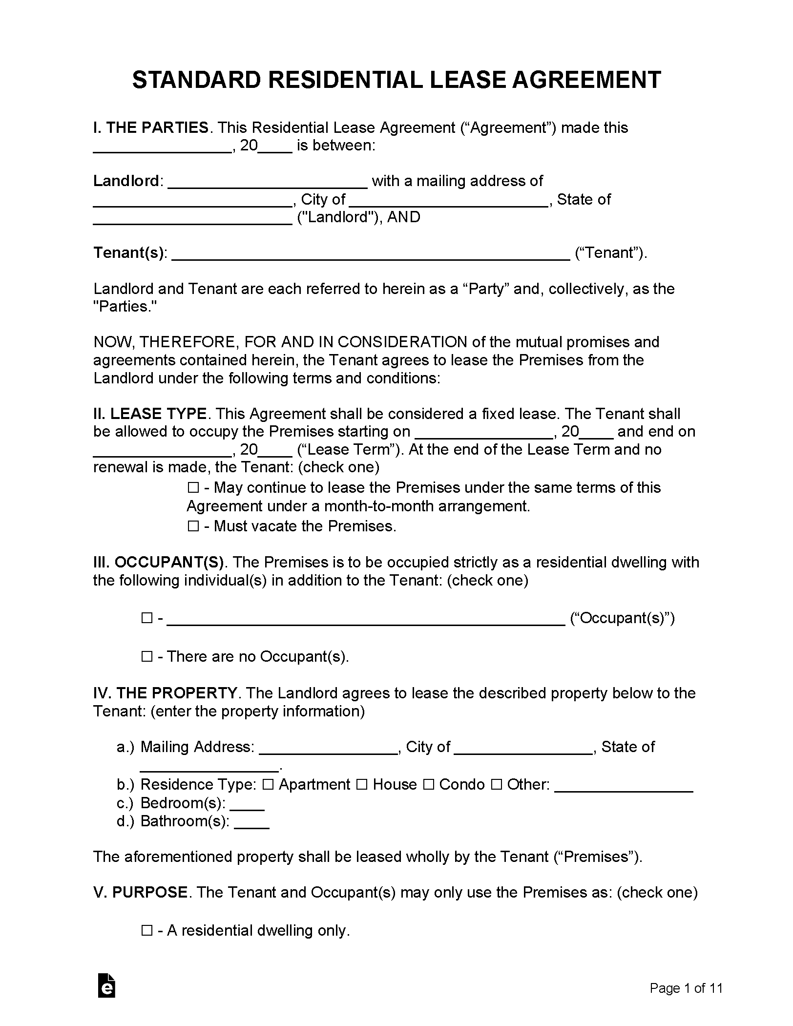 Free Standard Lease Agreement Template | 1-Year Term | PDF | WORD | RTF