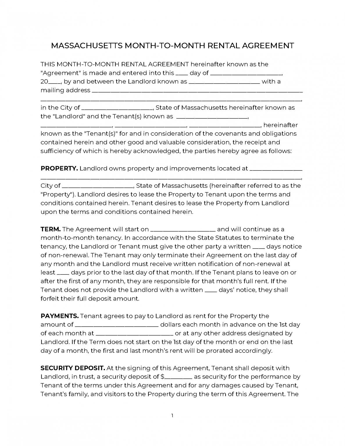 Free Massachusetts Month-to-Month Rental Agreement | PDF | WORD | RTF