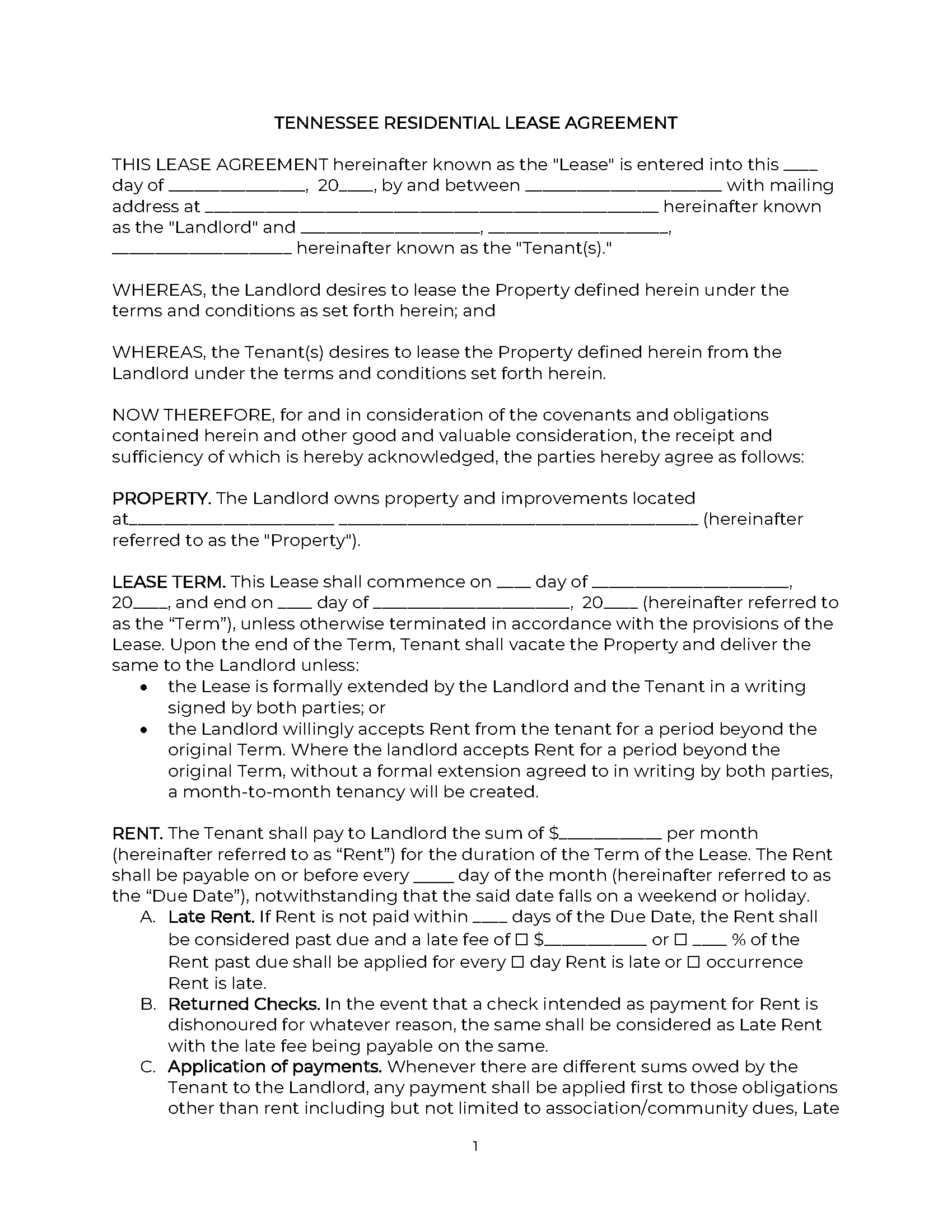 Free Tennessee Standard Residential Lease Agreement | PDF | WORD | RTF