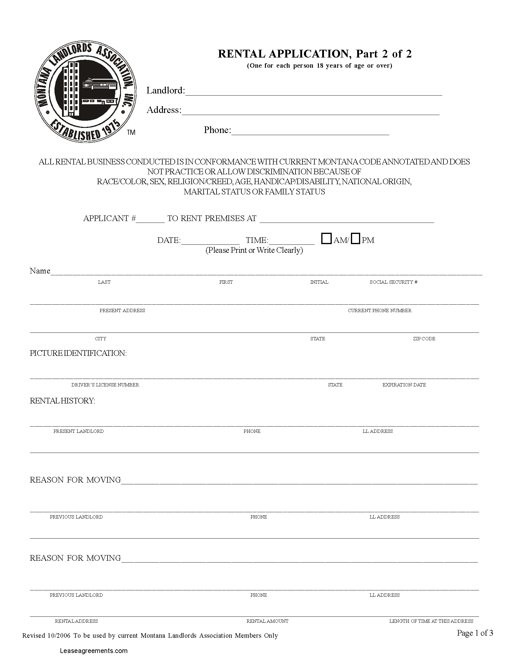 Free Montana Rental Application Form | PDF