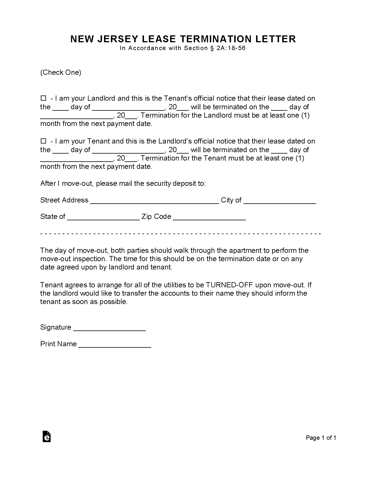 Free New Jersey Month to Month Lease Termination Letter PDF WORD RTF