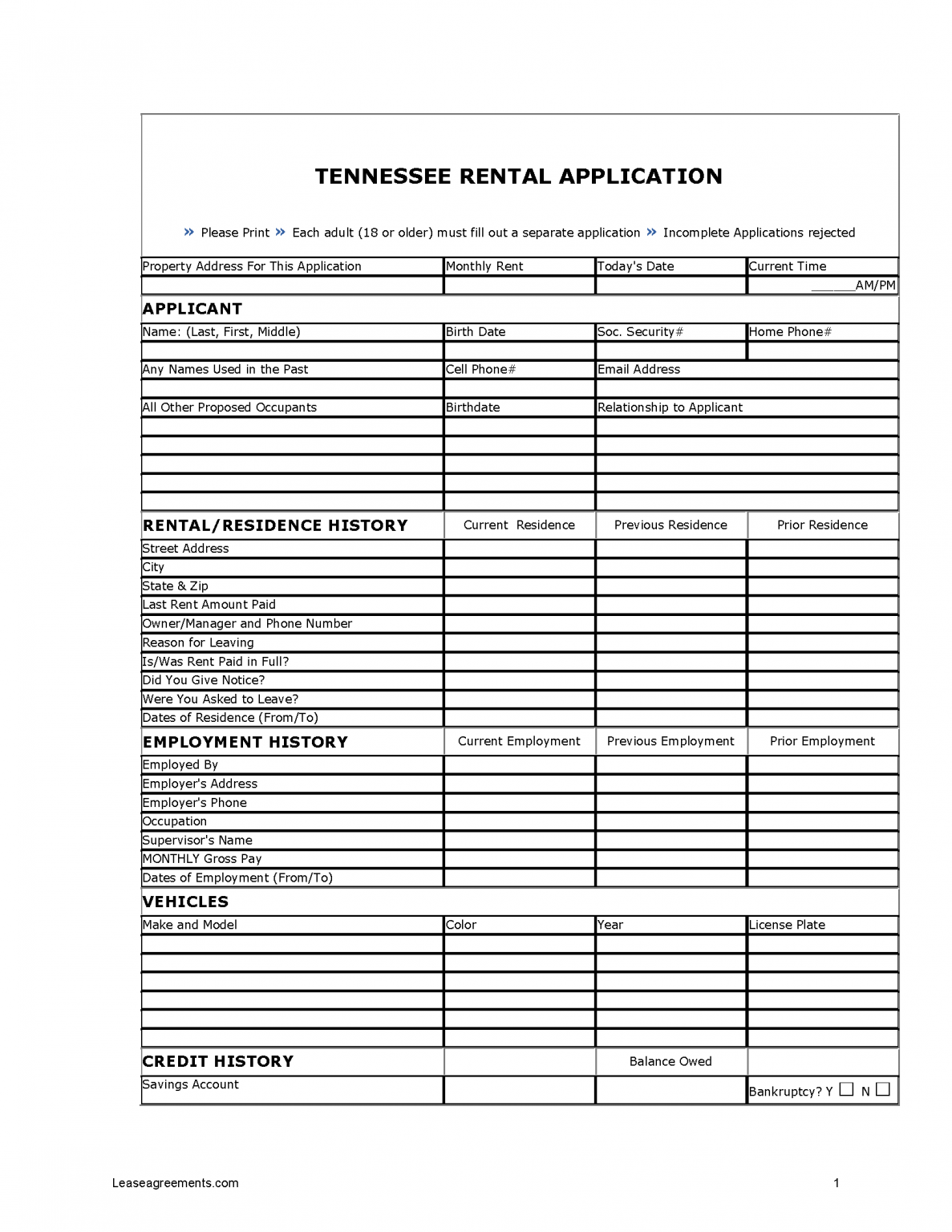 Free Tennessee Rental Application Form | PDF