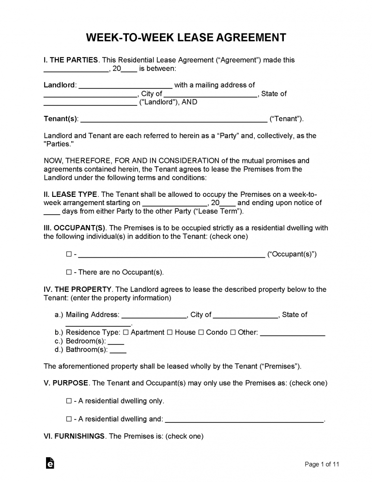 Free Week-to-Week Lease Agreement Template | PDF | WORD | RTF