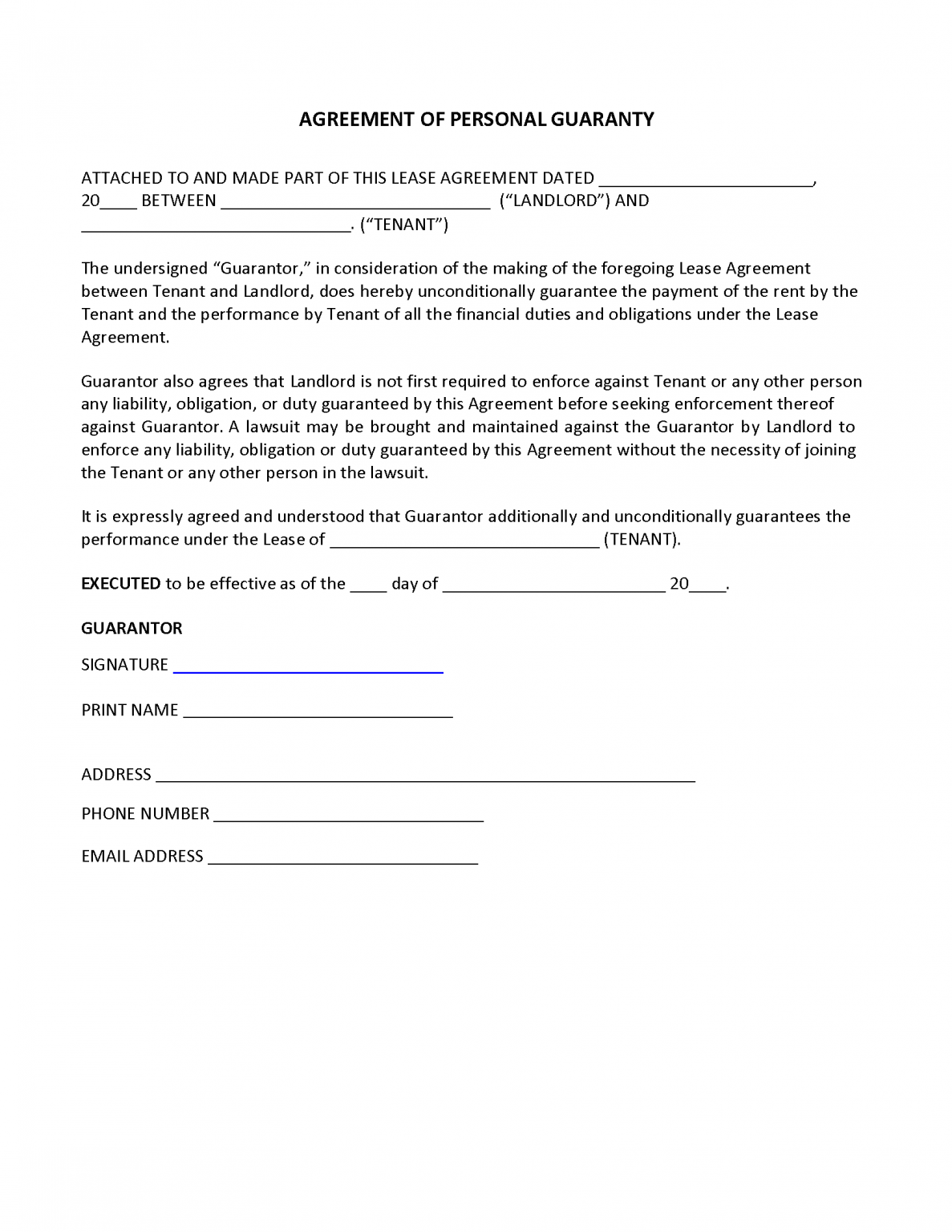 Free Personal Guarantee (Guaranty) for a Lease Agreement | PDF | WORD | RTF
